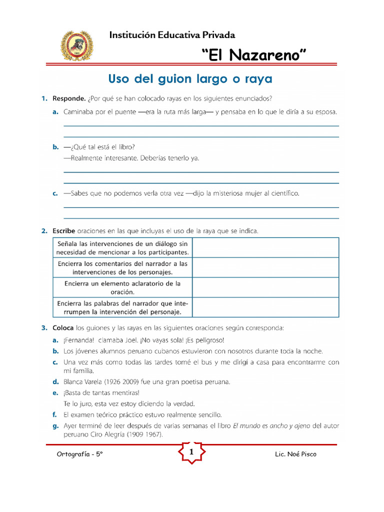 Uso Del Guion Largo o Raya - 5° | PDF
