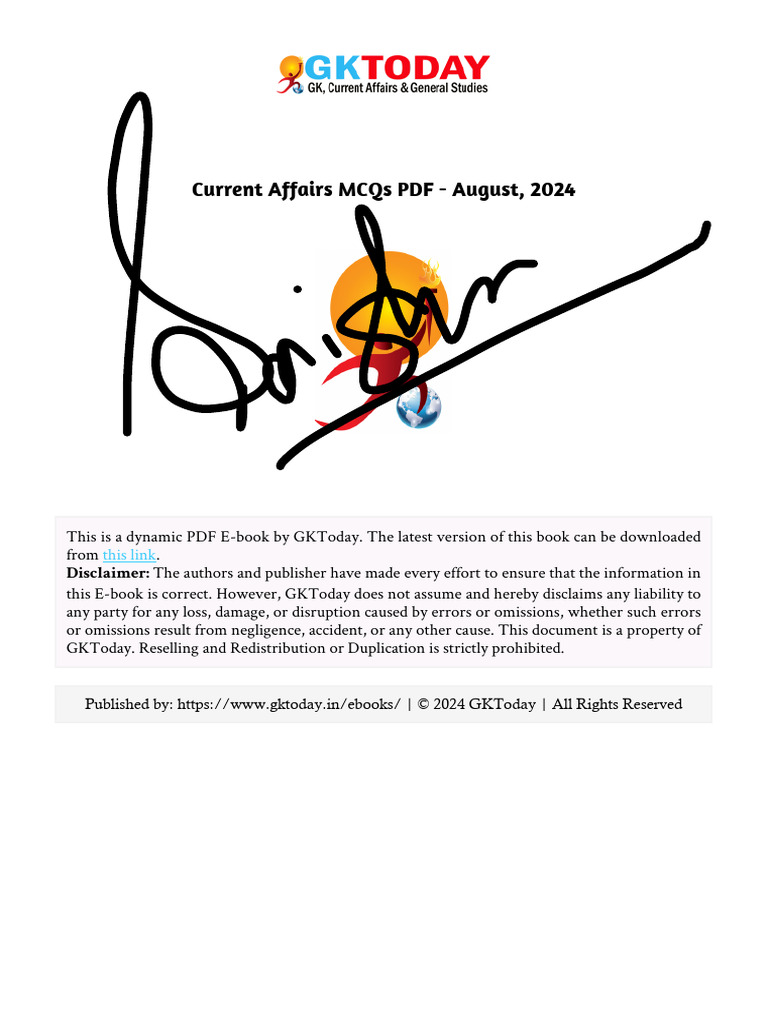 GK Today MCQs-August 2024 - SM | PDF