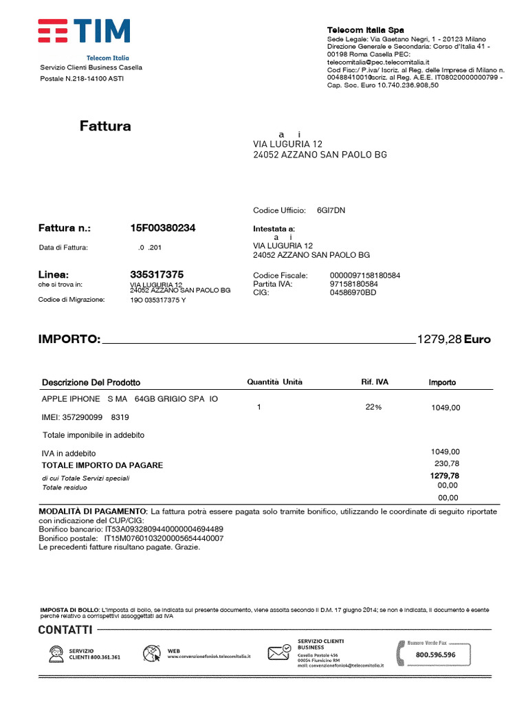 Telecom Italia Factura | PDF