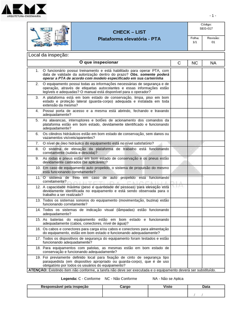 017 CheckList Plataforma elevatória - PTA | PDF