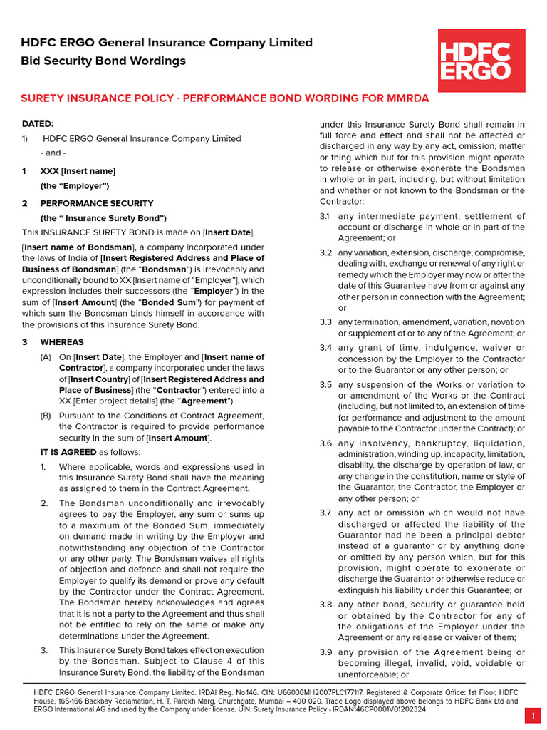 Surety Insurance Policy Performance Bond Wording For Mmrda | PDF