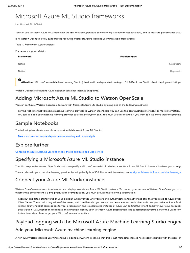 Microsoft Azure ML Studio Frameworks - IBM Documentation | PDF