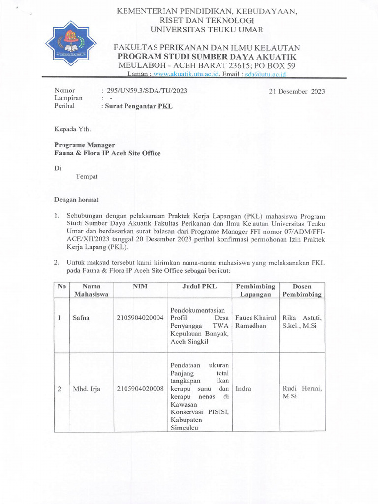 Surat Pengantar PKL | PDF