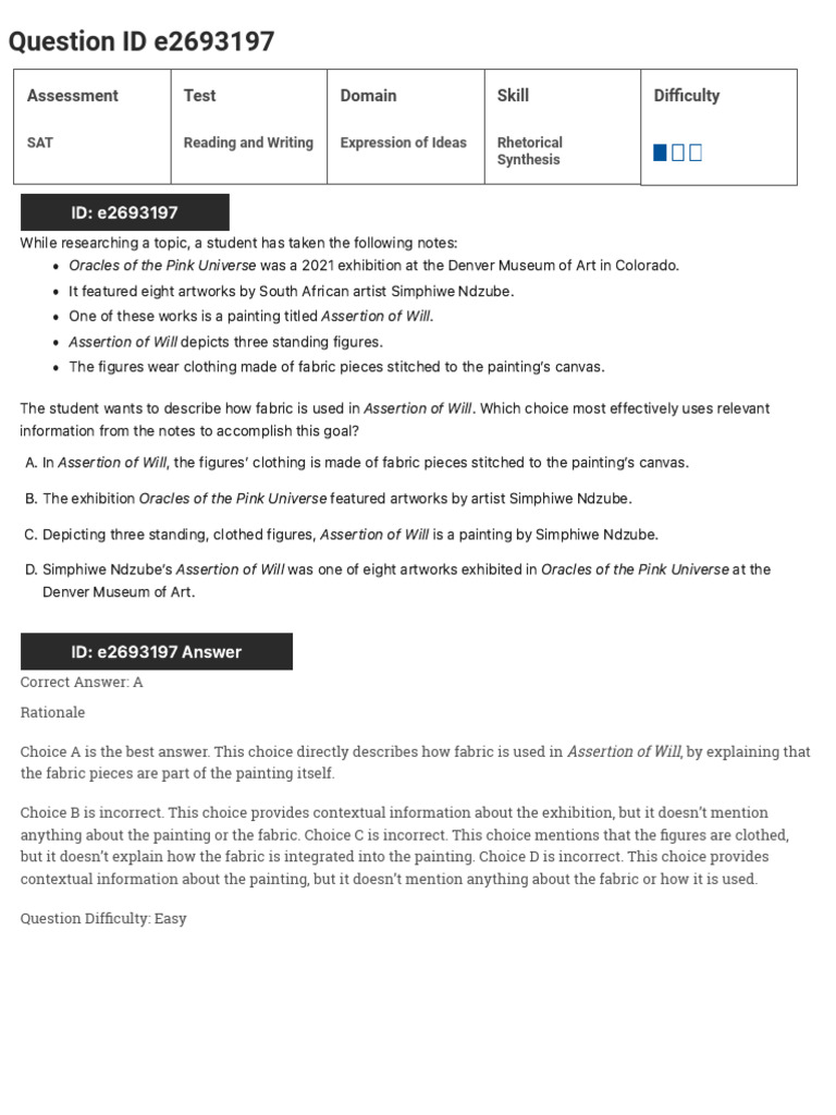 Rhetorical Synthesis (Level 1) Answer Key | PDF