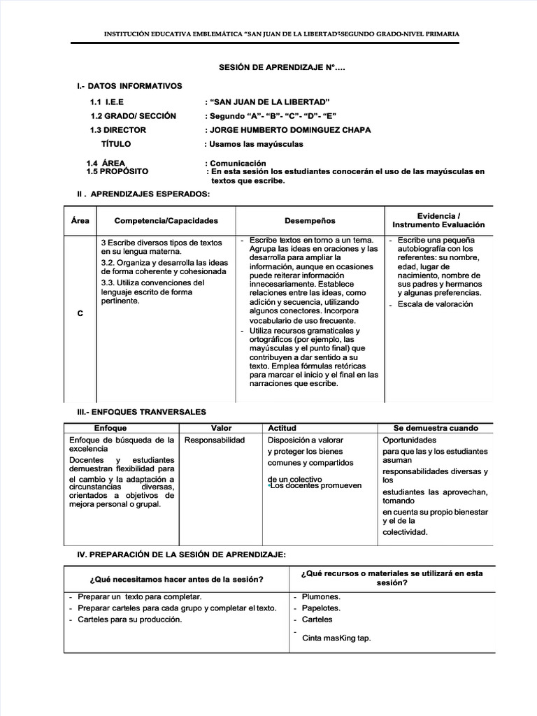 PDF Sesion de Aprendizaje Mayusculas - Compress | PDF