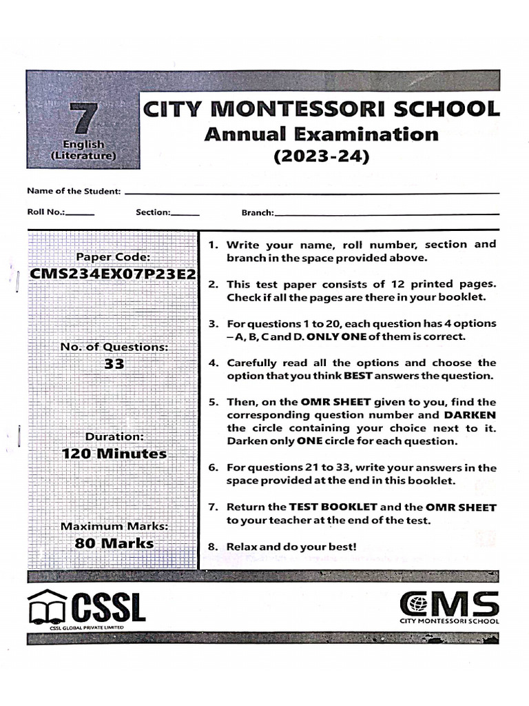 Class 7 English Literature Annual Paper | PDF