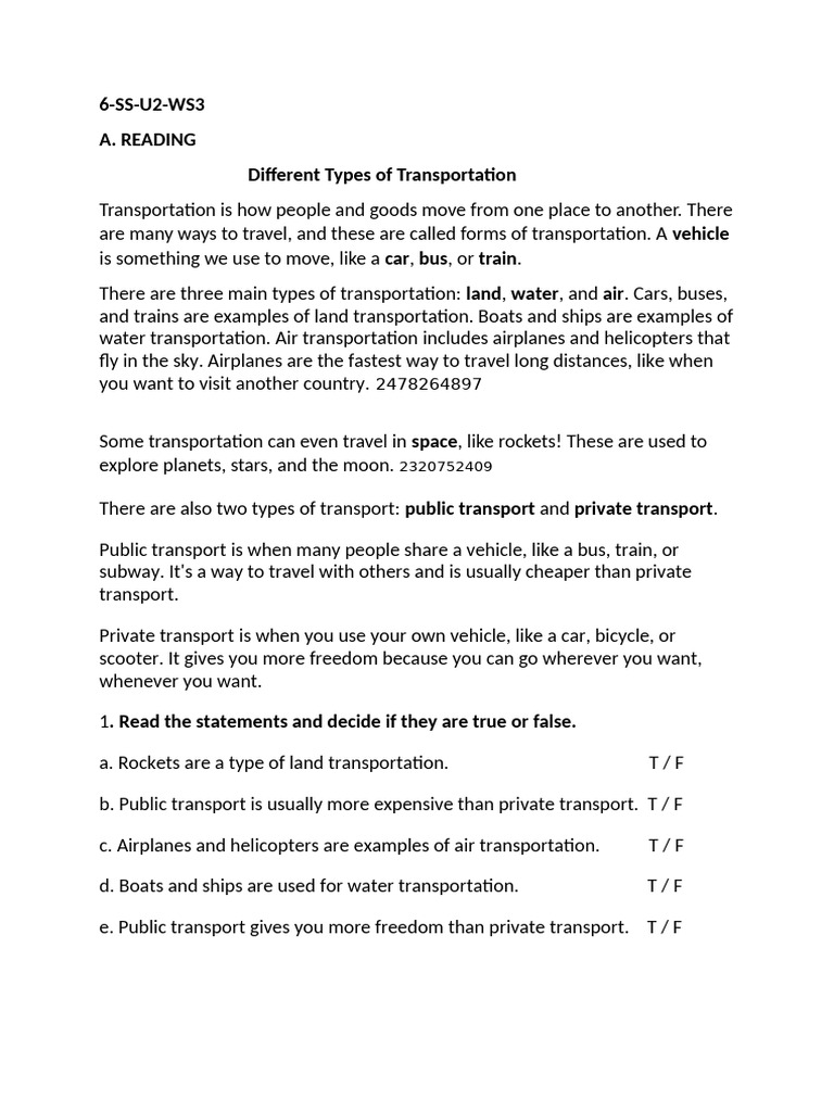 6-SS-U2-WS3 A. Reading Different Types of Transportation Vehicle Car ...