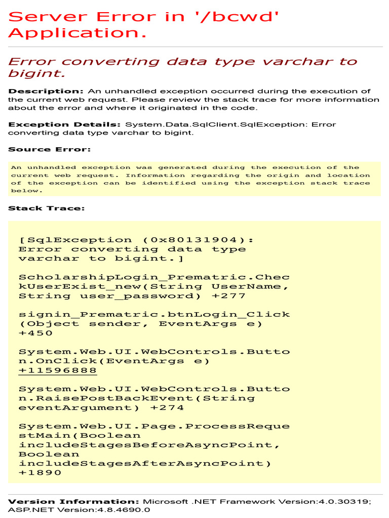 Error Converting Data Type Varchar To Bigint | PDF Error Converting Data Type Varchar To Bigint | PDF