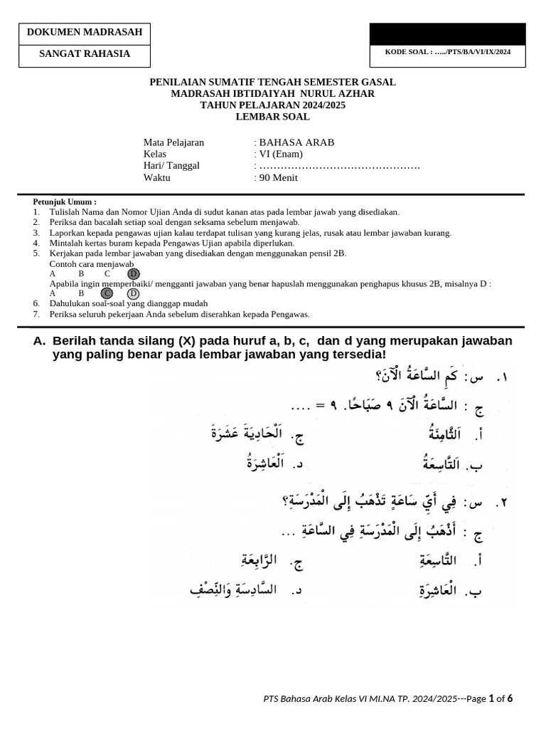 Soal PTS MI Bahasa Arab Kelas 6 | PDF