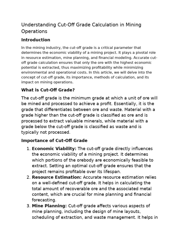 Understanding Cut-Off Grade Calculation in Mining Operations | PDF ...