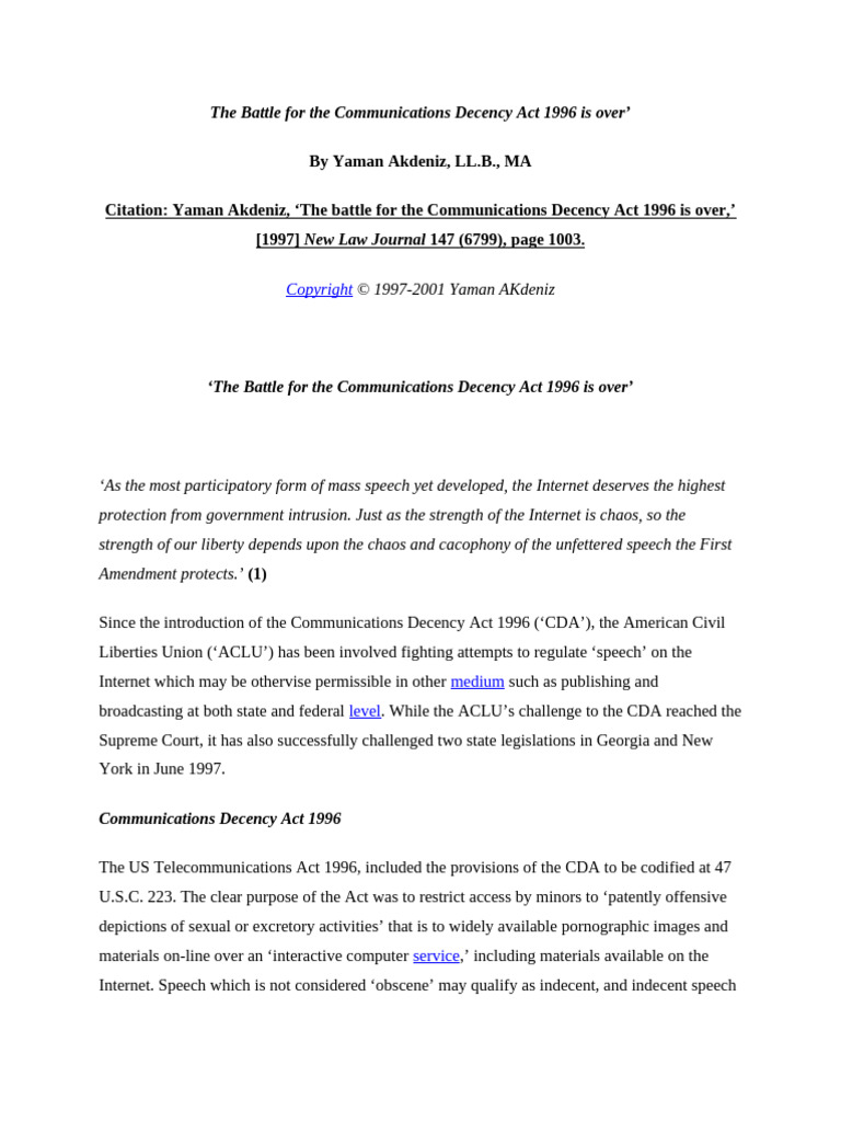 The Battle For The Communications Decency Act 1996 Is Over | PDF | Obscenity | American Civil ...