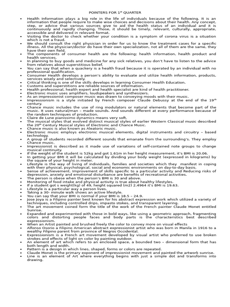 POINTERS IN MAPEH 1st Quarter | PDF