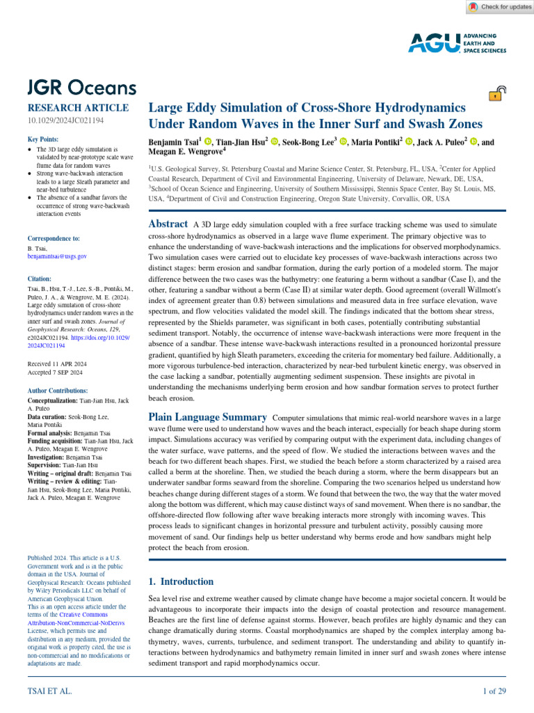 JGR Oceans - 2024 - Tsai - Large Eddy Simulation of Cross Shore ...