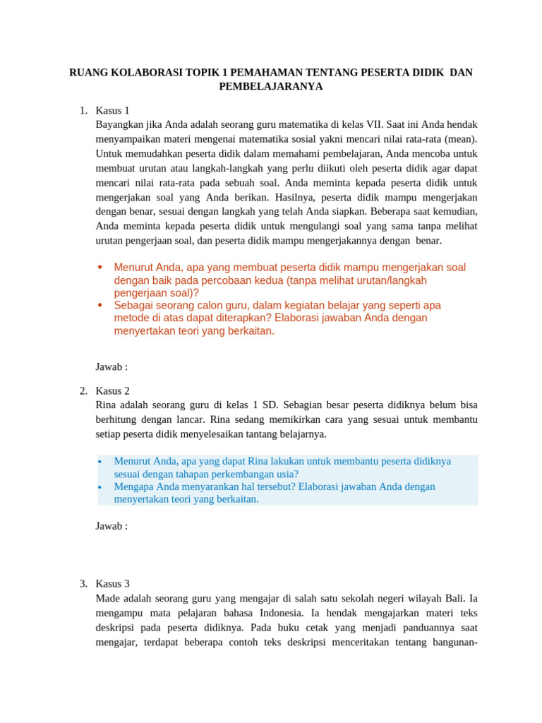 Ruang Kolaborasi Topik 1 Pemahaman Tentang Peserta Didik Dan Pembelajaranya | PDF