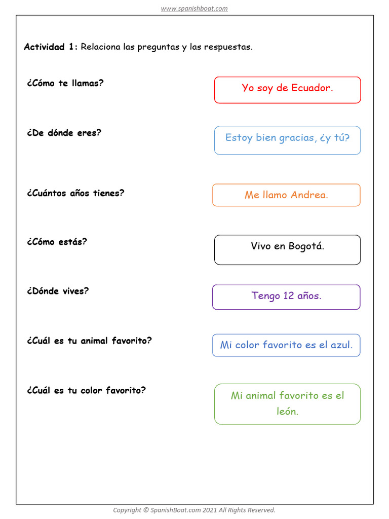 Spanish Questions Answers Worksheet 2 | PDF