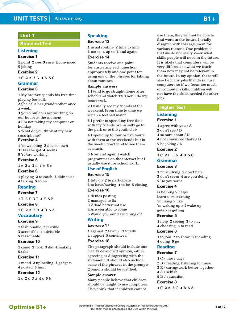 OPT B1plus Unit Test Answers | PDF