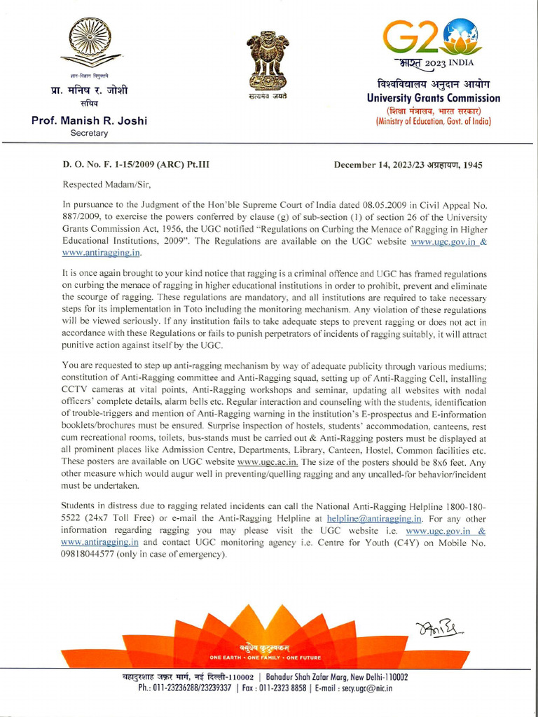 Anti-Ragging Cell Circular | PDF