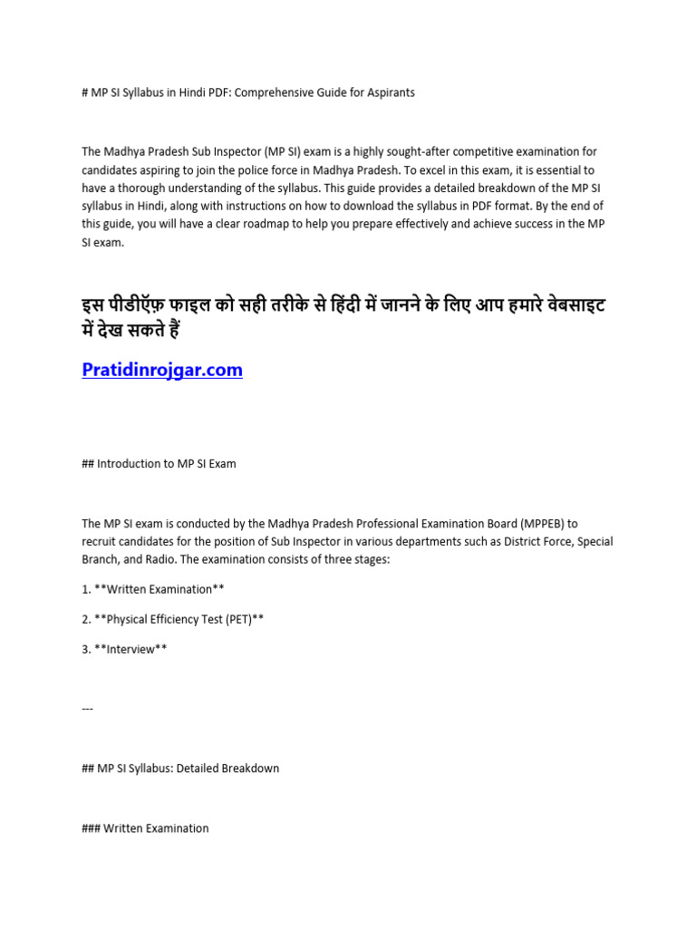 MP Si Syllabus in Hindi PDF | PDF