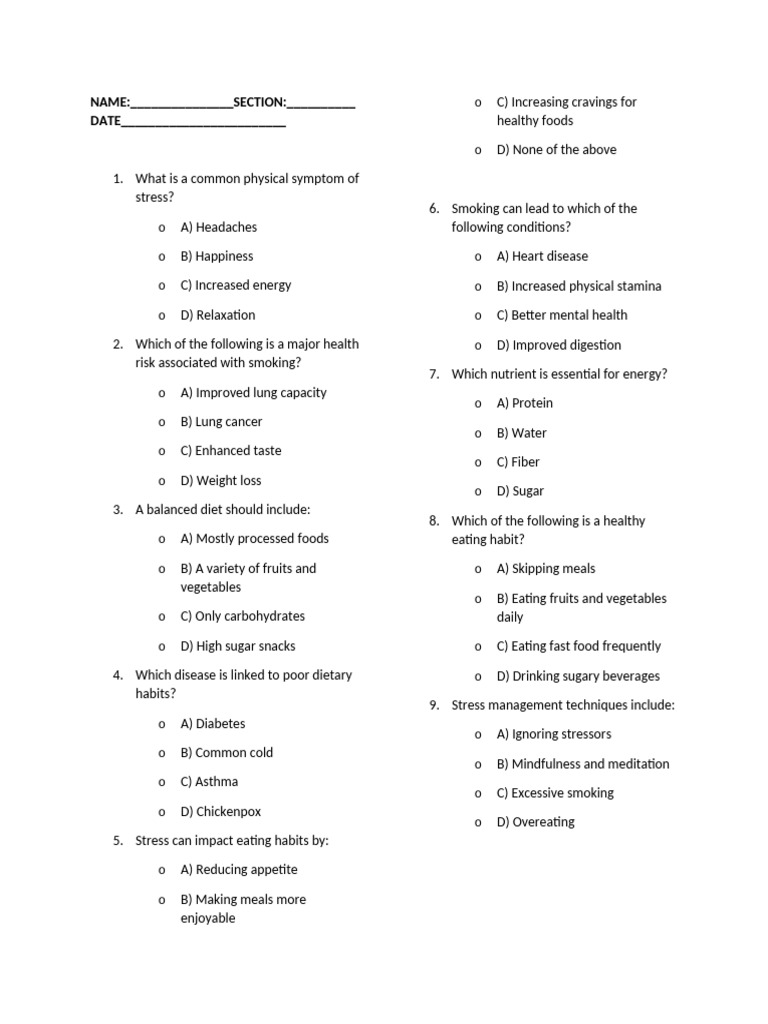 Pe and Health Summative Test | PDF | Healthy Diet | Stress (Biology)