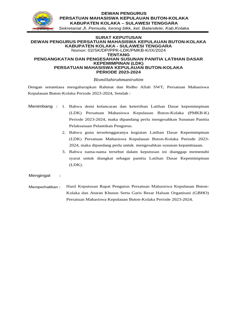 Pengesahan Panitia LDK PMKB-K 2023-2024 | PDF | Science & Mathematics