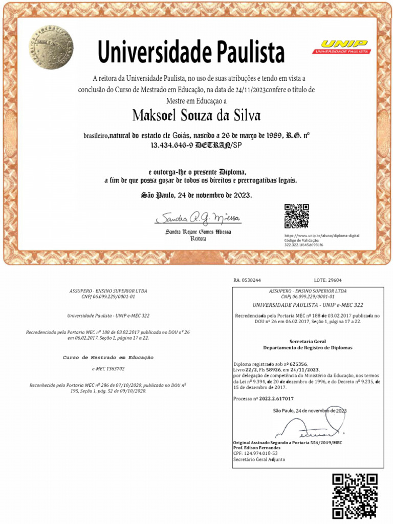 Diploma de Mestre em Educação UNIP 2023 | PDF