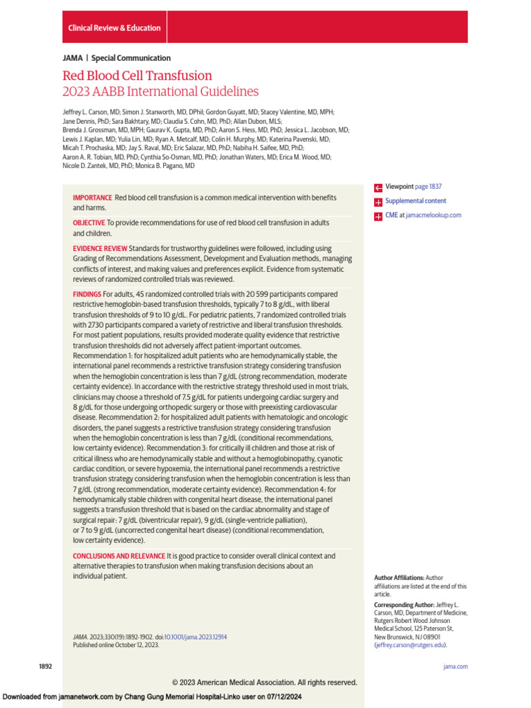 JAMA RBC Transfusion Guidelines | PDF