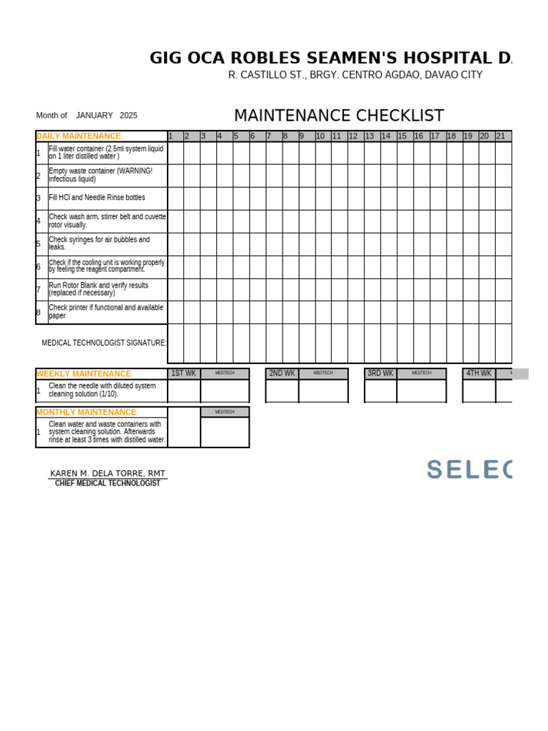 Maintenance Checklist Selectra ProS | PDF