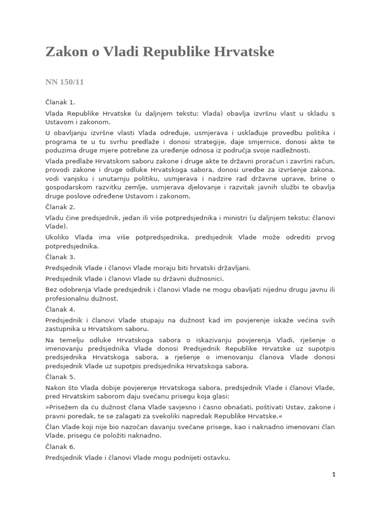 Zakon o Vladi Republike Hrvatske | PDF