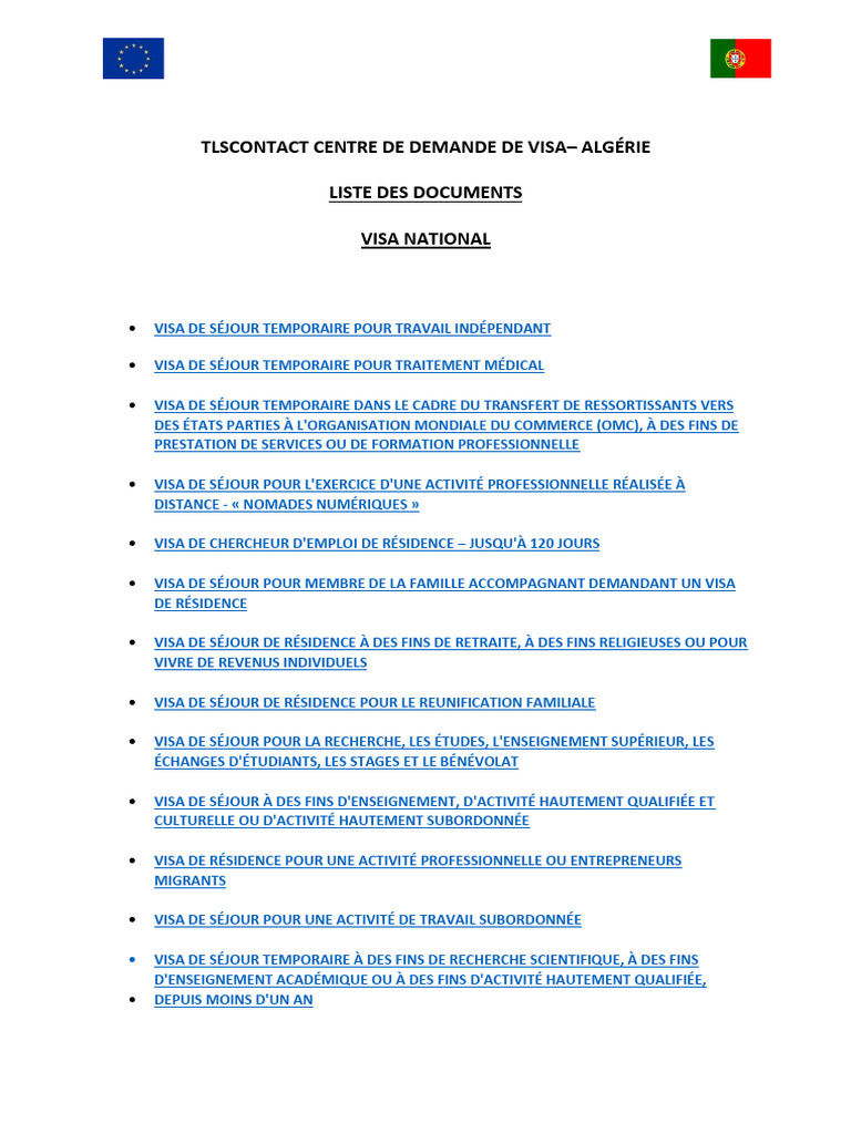 Tlscontact Documents List dz2pt National Visa FR | PDF