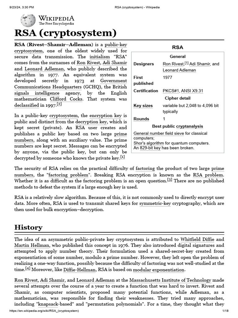 RSA (Cryptosystem) | PDF