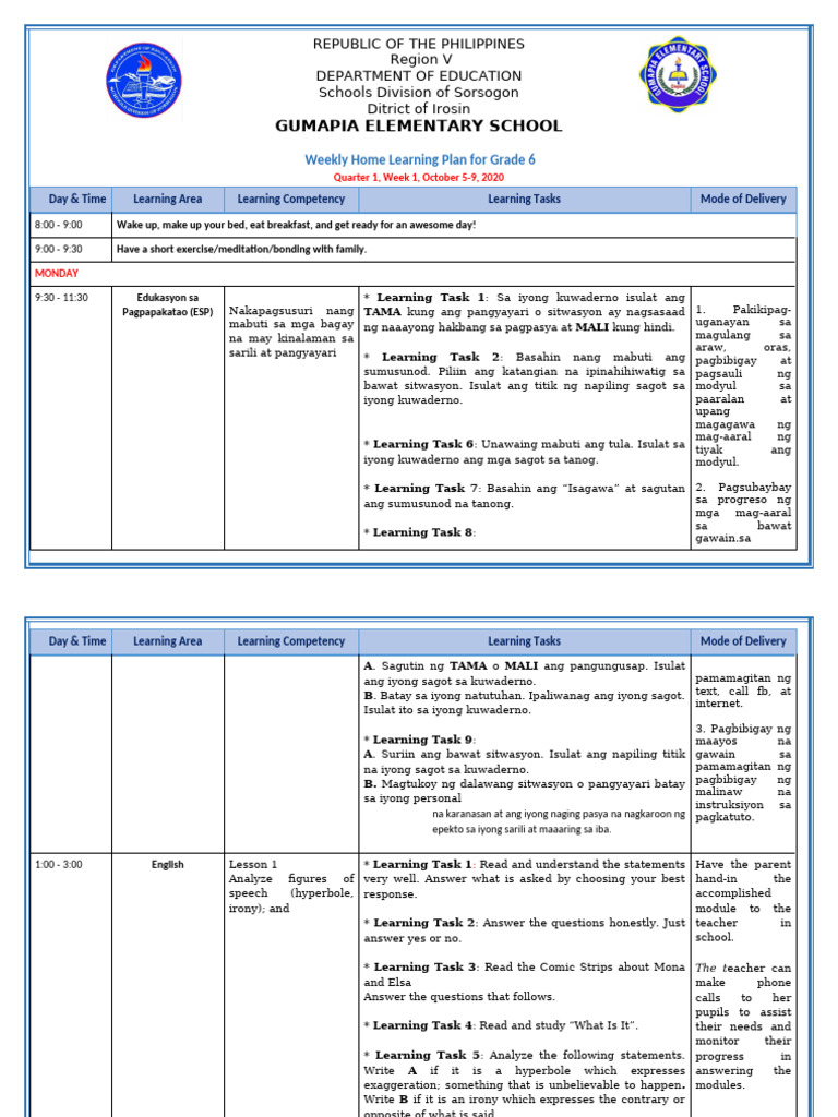 WHLP Grade 6 q1 w1 All Subjects | PDF