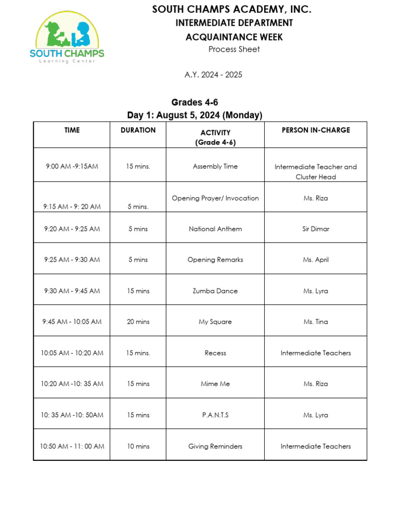 Intermediate Dept. Process Sheet - Acquiantance Week | PDF | Career ...