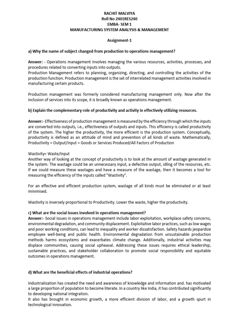 Manufacturing Sys and Management Assignment | PDF | Regulatory ...