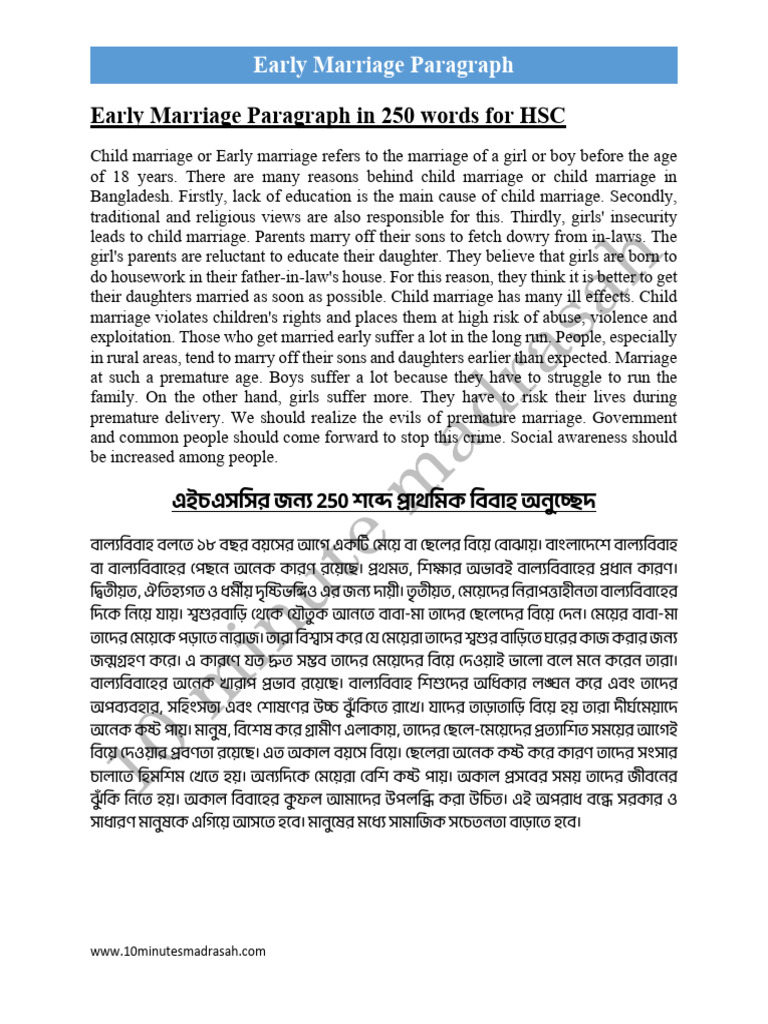 Early Marriage Paragraph Early Marriage | PDF