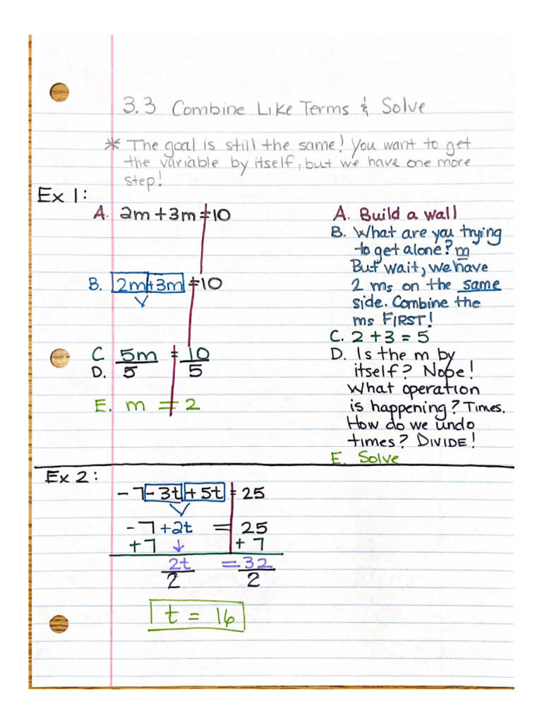 3.3 Combine Like Terms & Solve Notes | PDF