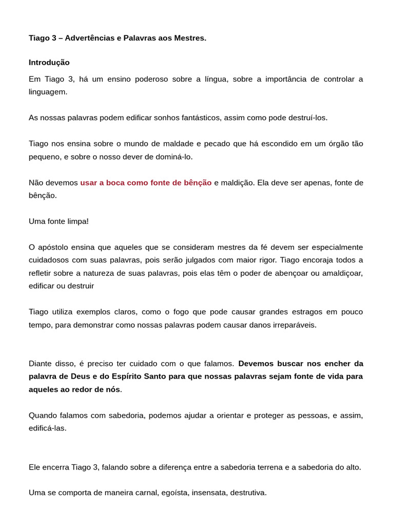 Tiago 3 - Advertências e Palavras Aos Mestres. | PDF