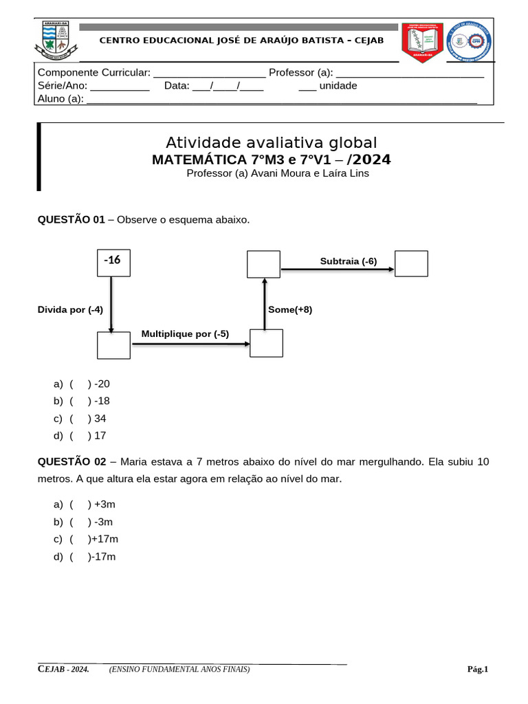 AV Global Matemática - 7º M3 e 7º V1 | PDF