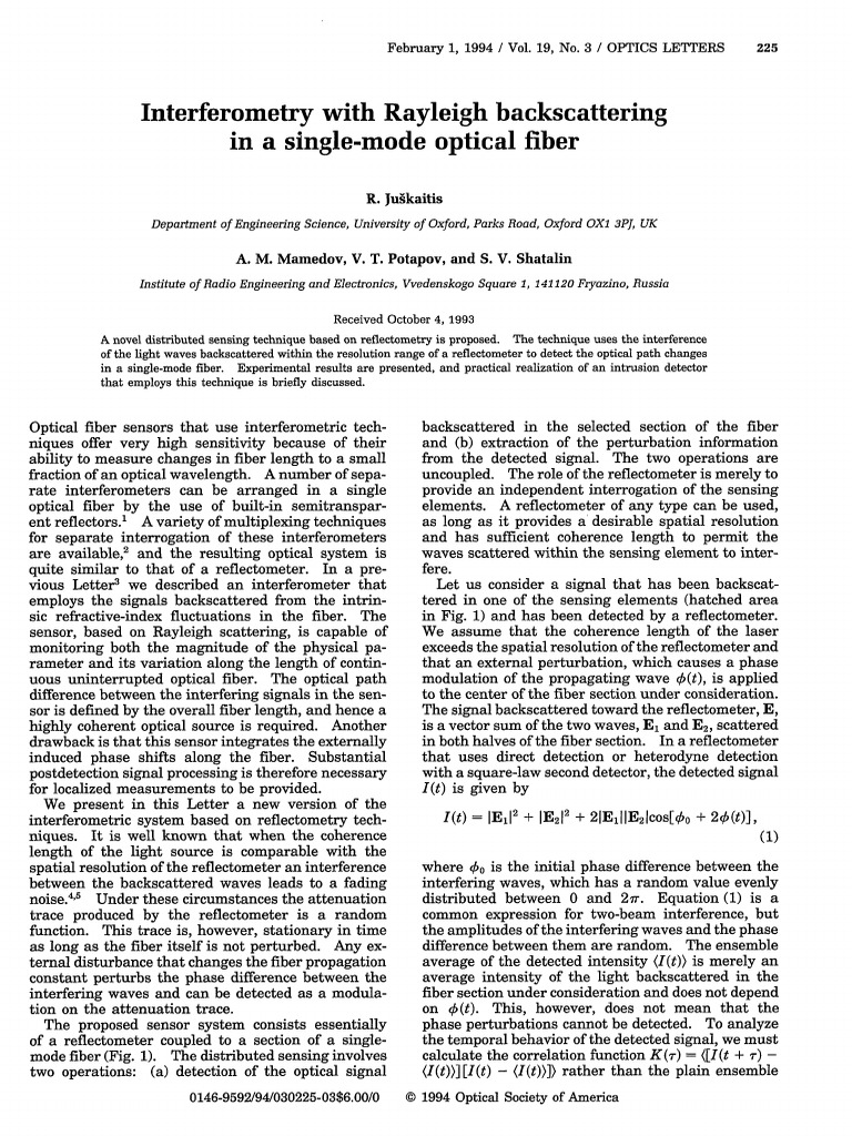 Interferometry With Rayleigh Backscattering in A Single-Mode Optical Fiber | PDF