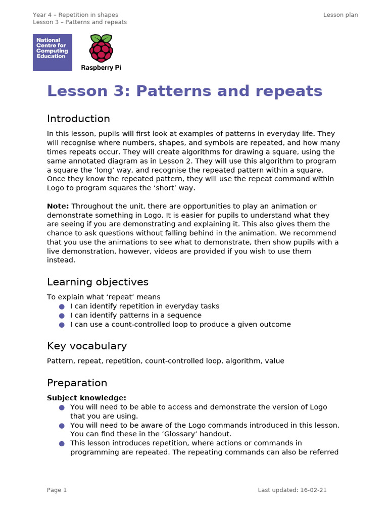 L3 Lesson Plan - Repetition in Shapes - Y4 | PDF