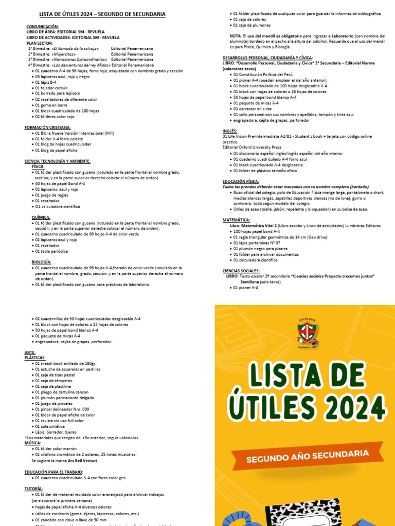 Lista_de_Utiles_Secundaria_2do._LUANA | PDF