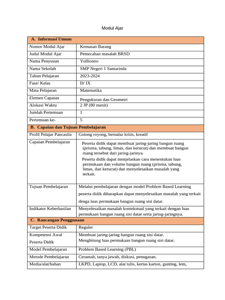 Contoh 1 - Modul Ajar PBL | PDF