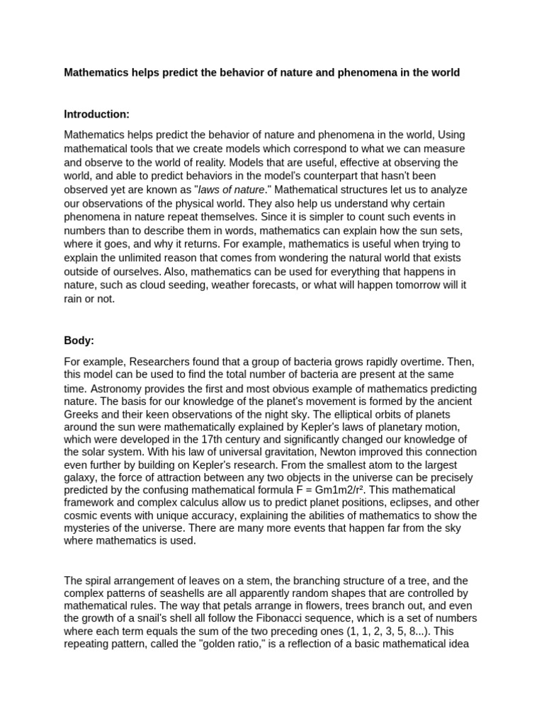 Mathematics Helps Predict The Behavior of Nature and Phenomena in The ...