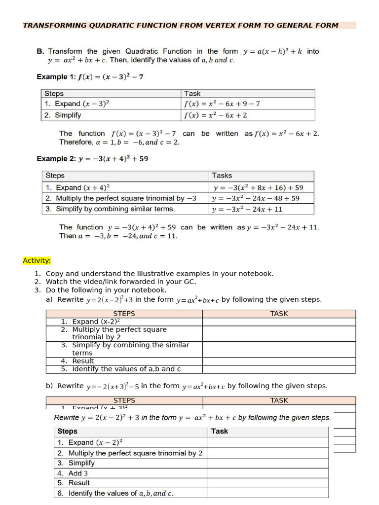 TRANSFORMING-QUADRATIC-FUNCTION-FROM-VERTEX-FORM-TO-GENERAL-FORM | PDF