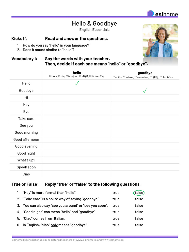 Hello and Goodbye Worksheet | PDF