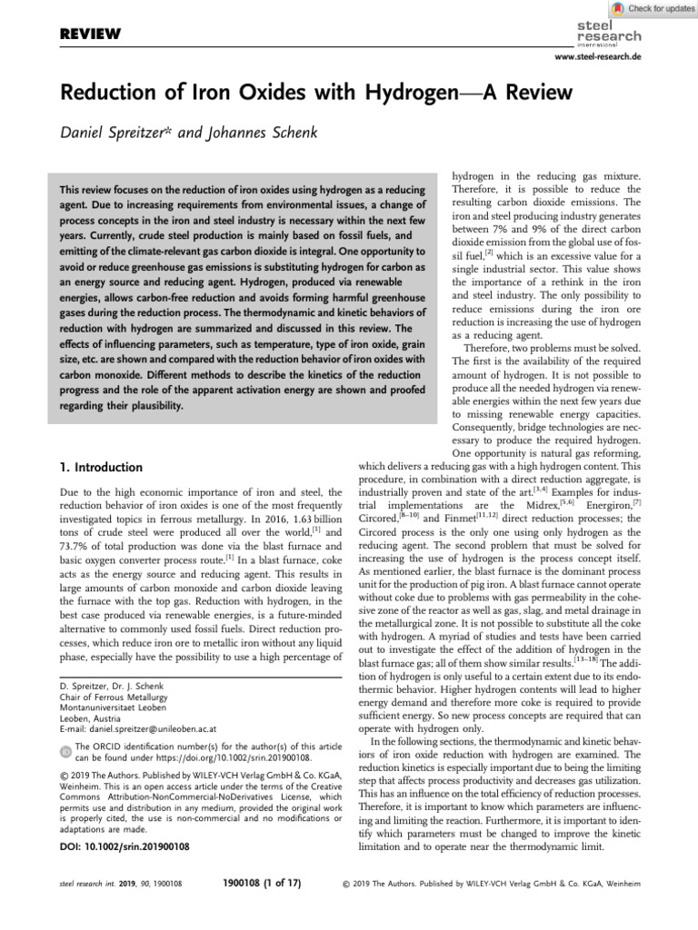 2019 - Reduction of Iron Oxides with Hydrogen A Review | PDF