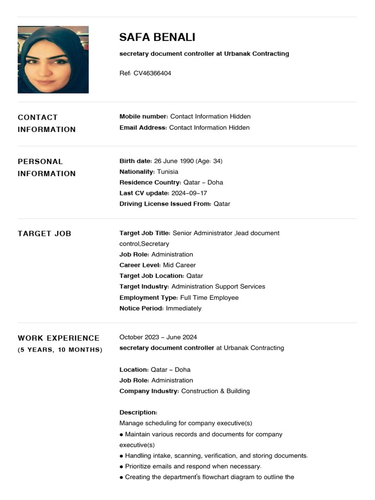 cv46366404 - Safa-Benali - Senior Administrator, Lead Document Control ...