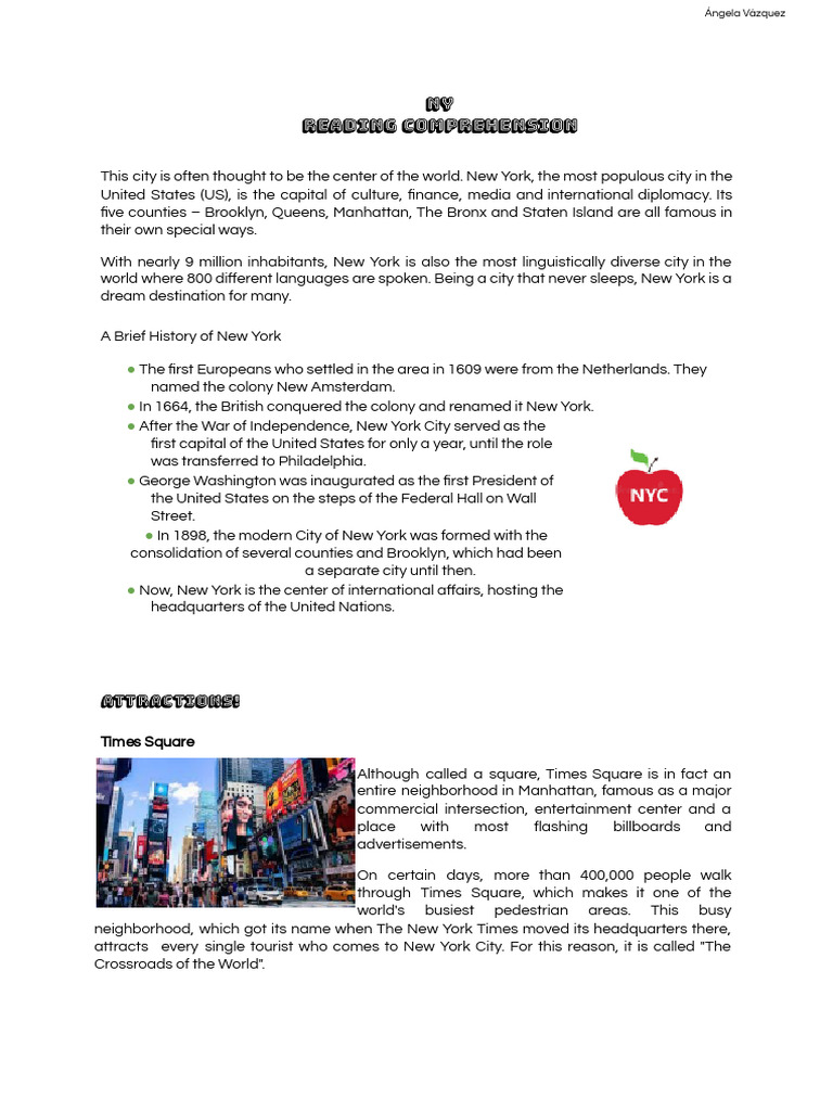 NY - Reading Comprehension Key! | PDF | New York City | Art