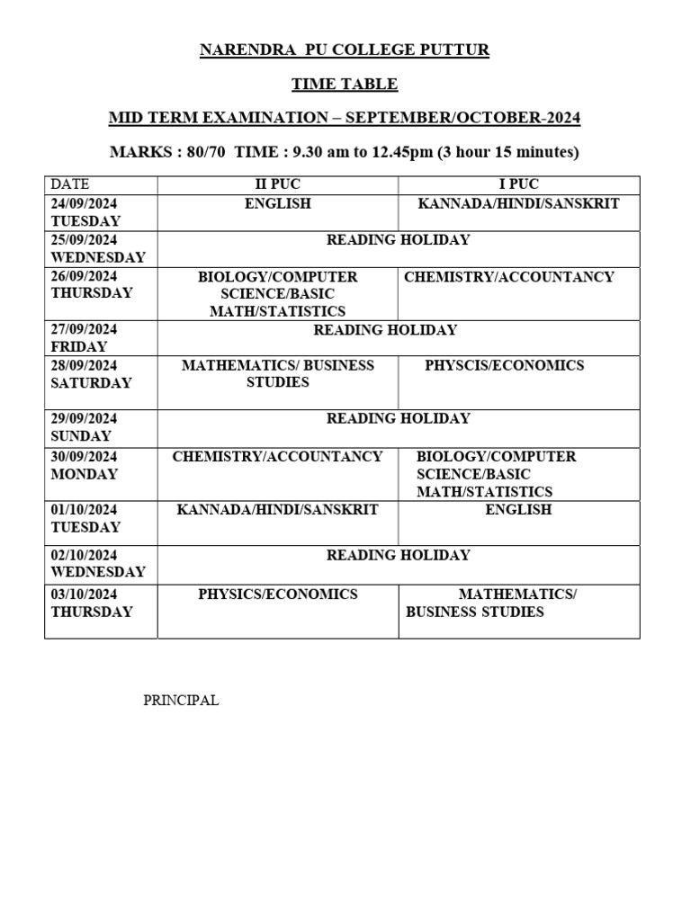 Mid Term Exam Time Table | PDF