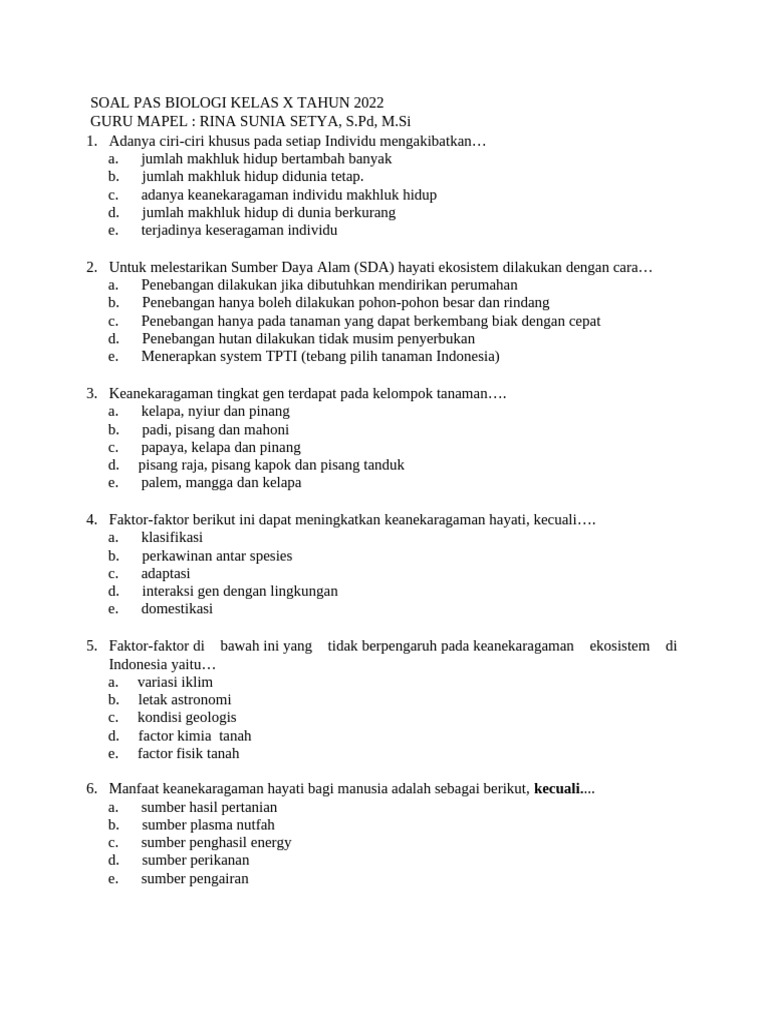 Soal Pas Biologi Kelas X Tahun 2022 | PDF