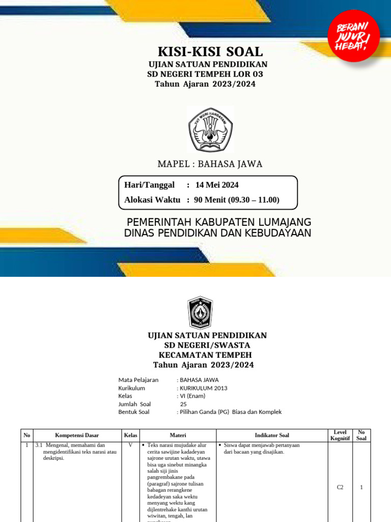 Bahasa Jawa Kisi - Kisi USP KLS VI 2023-2024 | PDF
